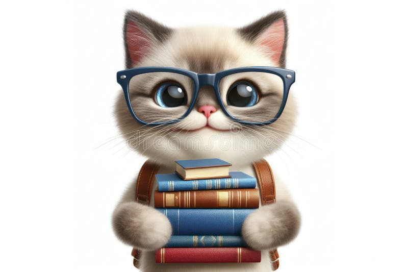 Funny Smiling Cat School with Glasses Hold Books on Solid White Background. Ai Generative Stock ...