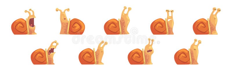Funny Snail with Spiral Shell Show Different Emotion Vector Set Stock ...
