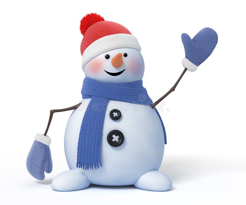 Funny Snowman with a Blue Scarf Waves on a White Background. 3d Render ...