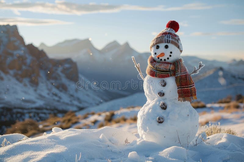 Funny Snowman on a Snowy Mountain Stock Photo - Image of playful ...
