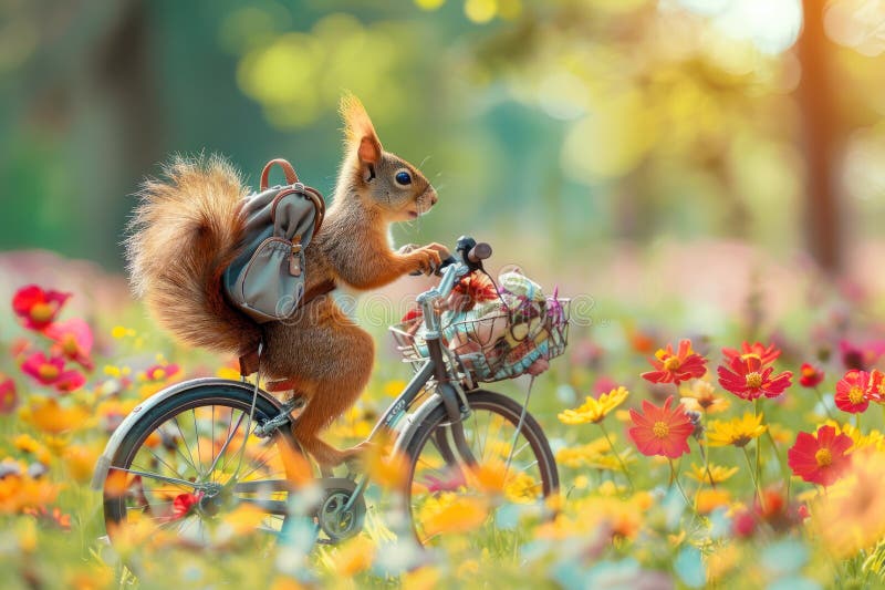 Funny Squirrel with Backpack Riding a Bicycle in Summer Forest among ...