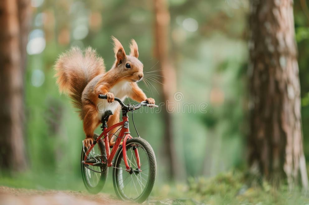 Funny Squirrel Riding a Bicycle in Summer Forest Stock Image - Image of ...