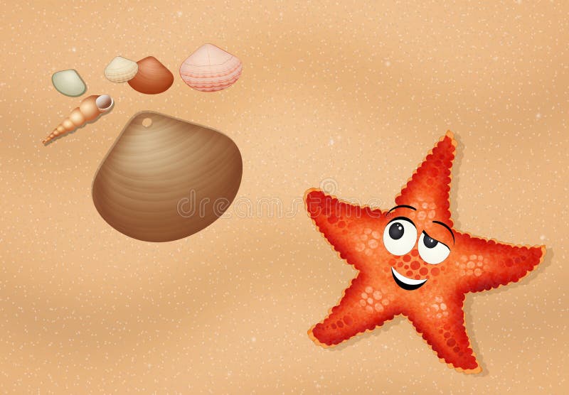 Funny Starfish Iand Shell N the Sand Stock Illustration - Illustration ...
