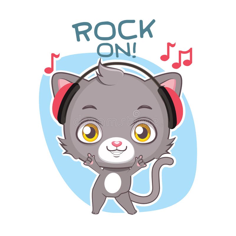 Funny Sticker with Cute Gray Cat - Rocking Out Stock Vector ...