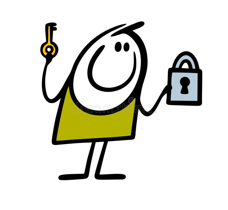 Funny Stickman Holds Keys and Padlock in His Hands. Vector Illustration ...