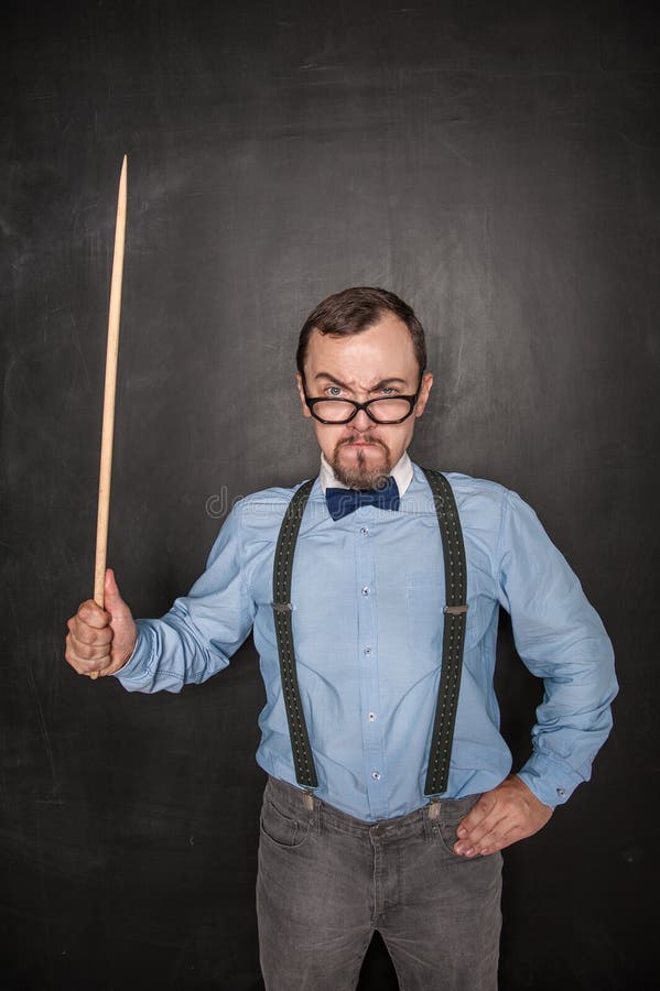 Funny Strict Teacher in Eyeglasses with Pointer Stock Photo - Image of ...