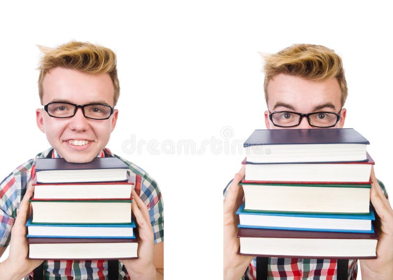 Funny Student with Stack of Books Stock Image - Image of class ...