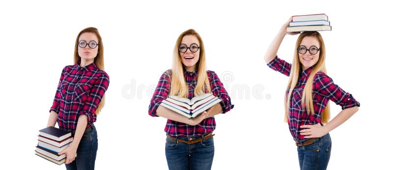 Funny Student with Stack of Books Stock Image - Image of class, book ...