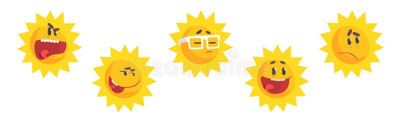 Funny Sun Character with Rays and Face Emotion Vector Set Stock Vector ...