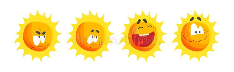 Funny Sun Character with Rays and Face Emotion Vector Set Stock Vector ...