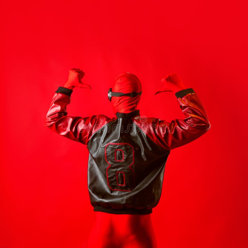 Funny Super Hero in a Red Leotard and Protective Glasses Rushes To the ...