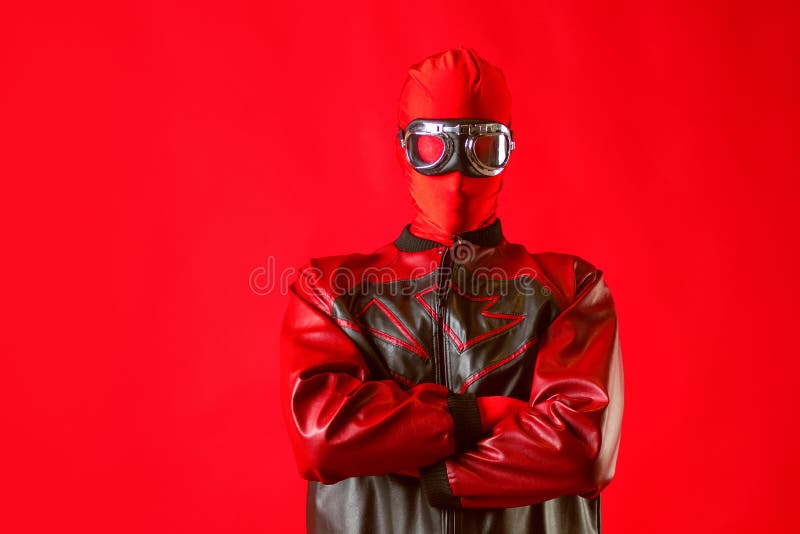 Funny Super Hero in a Red Leotard and Protective Glasses Rushes To the ...