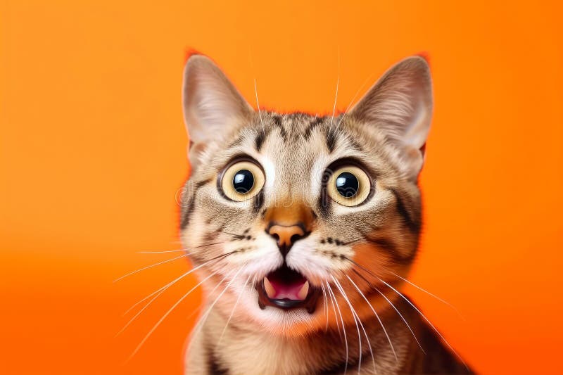 Funny Surprised Cat Isolated on Bright Orange Background. Studio ...