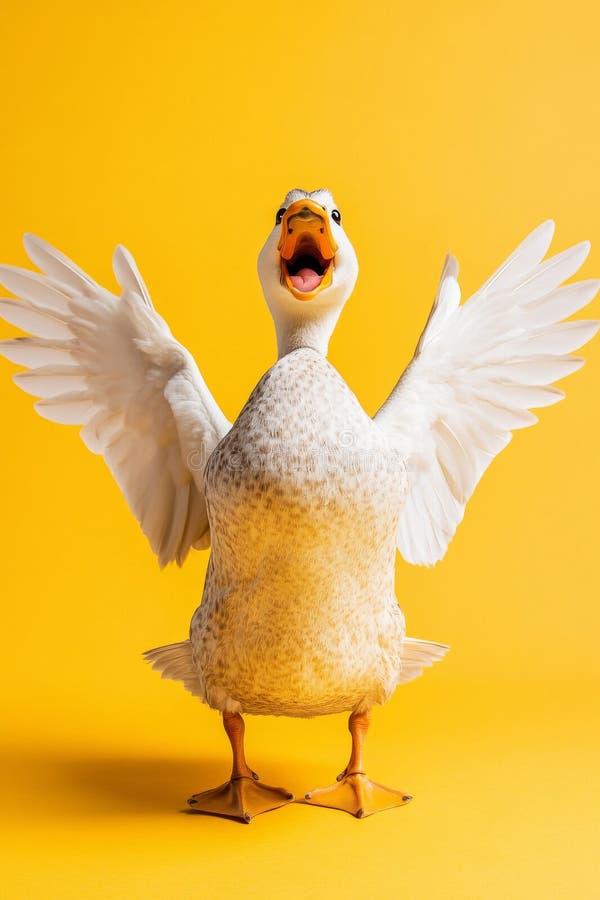 Funny Surprised Duck Isolated Yellow Background Wings Spread Eyes ...