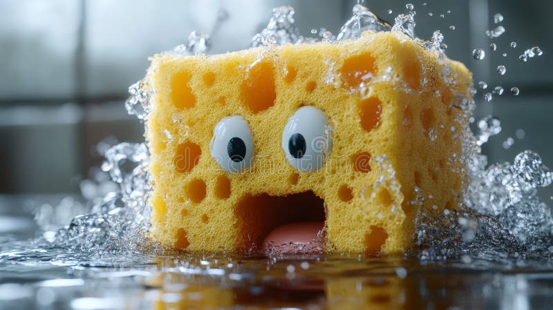 Funny Surprised Sponge Falling into Water Splashing Around Stock Image ...