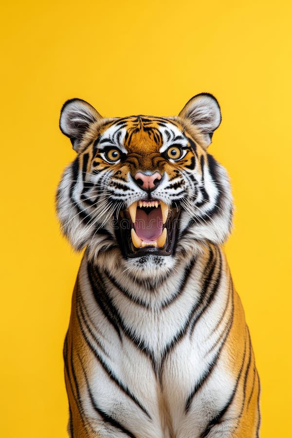 A Funny and Surprised Tiger Isolated on a Yellow Background, Eyes Wide ...