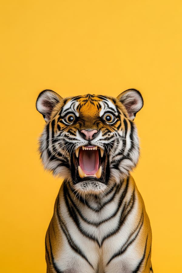 A Funny and Surprised Tiger Isolated on a Yellow Background, Eyes Wide ...
