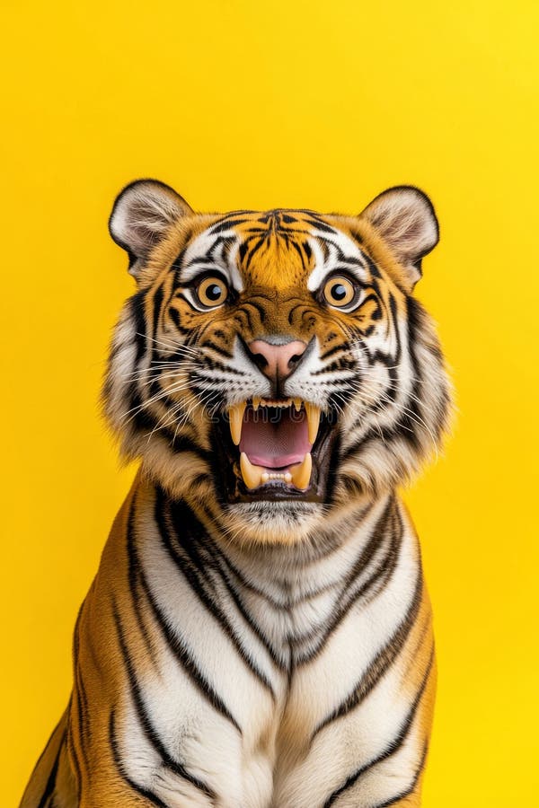 A Funny and Surprised Tiger Isolated on a Yellow Background, Eyes Wide ...