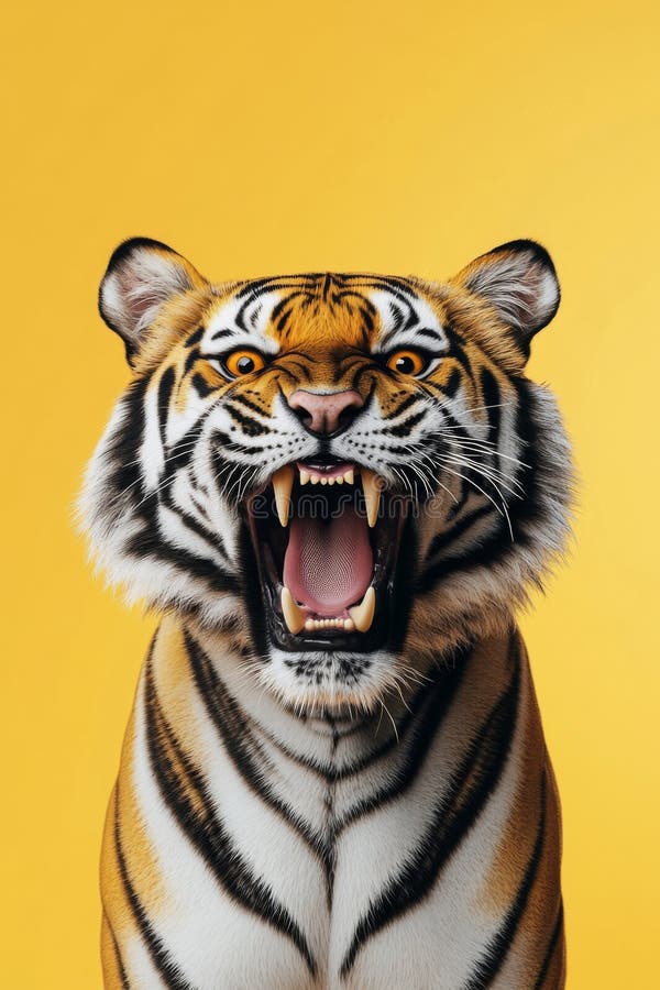 A Funny and Surprised Tiger Isolated on a Yellow Background, Eyes Wide ...