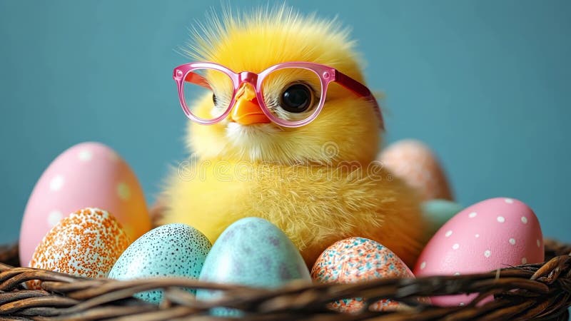 Funny Talking Chicken with Glasses Sitting in a Basket with Easter Eggs ...