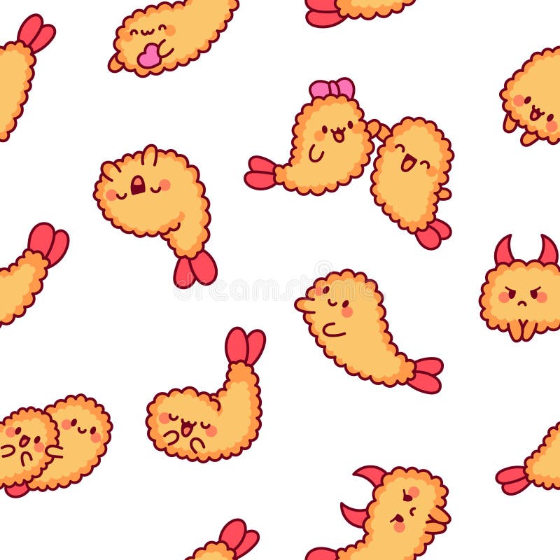 Funny Tempura Shrimp Characters Seamless Pattern Stock Vector Illustration Of Interesting