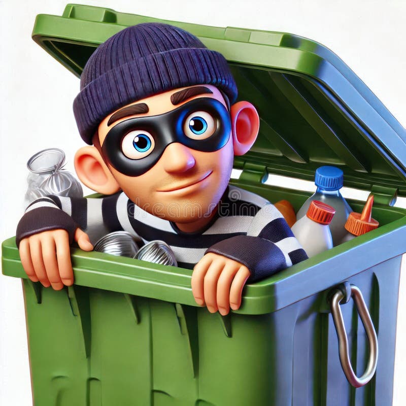 Funny Thief in a Trash Can with Bottles and Caps. Stock Image - Image ...