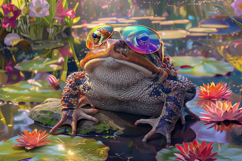 A Funny and Thoughtful Toad with Glasses Sits in a Pond on a Lily Leaf ...