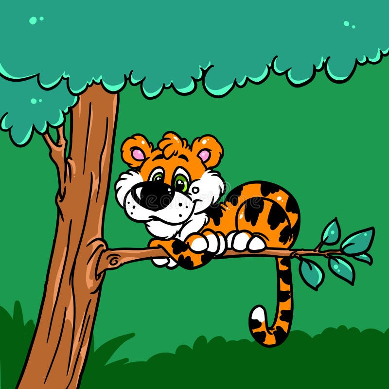 Funny Tiger Character Sitting Tree Cartoon Illustration Stock ...