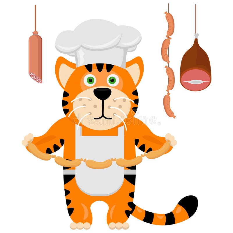 Funny Tiger Cook with Sausages. Vector Illustration Stock Vector ...