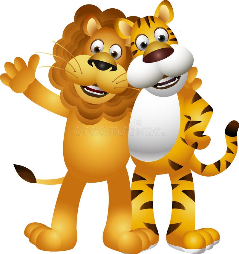 Funny Tiger and Lion Cartoon Stock Illustration - Illustration of cute ...