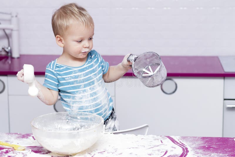 Funny Toddler on the Kitchen Playing with Flour Stock Image - Image of ...
