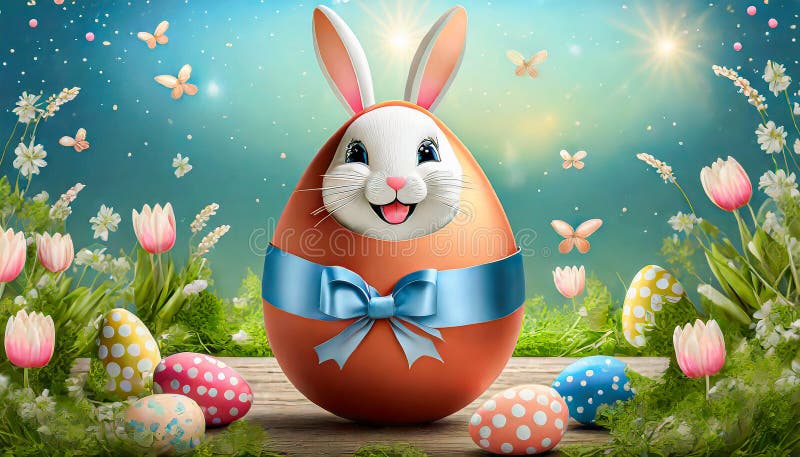 Funny Toy Bunny Hidden in an Easter Egg between Easter Eggs in Front of ...