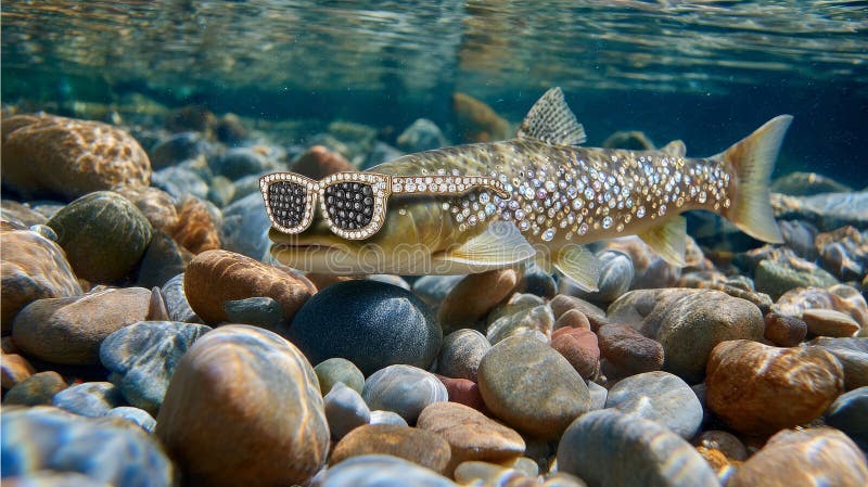 Funny Trout with Rhinestone Sunglasses in Rocky Stream Stock Photo ...