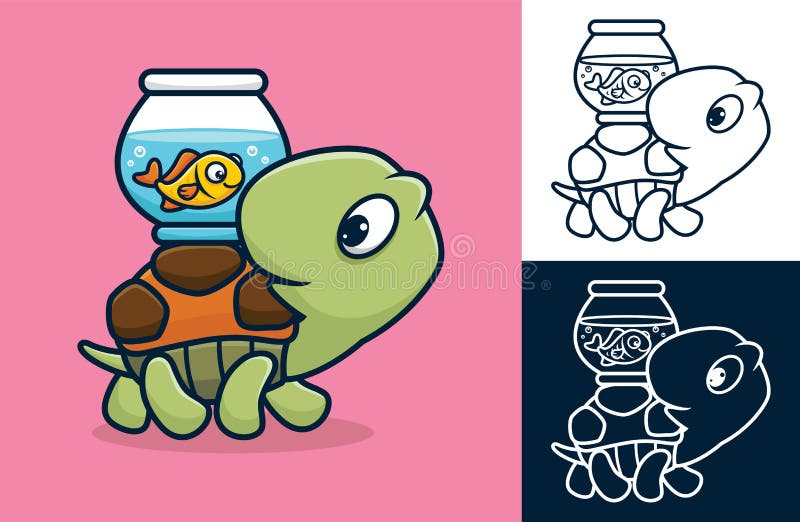 Funny Turtle Carrying Fish in Jar on His Back. Vector Cartoon ...