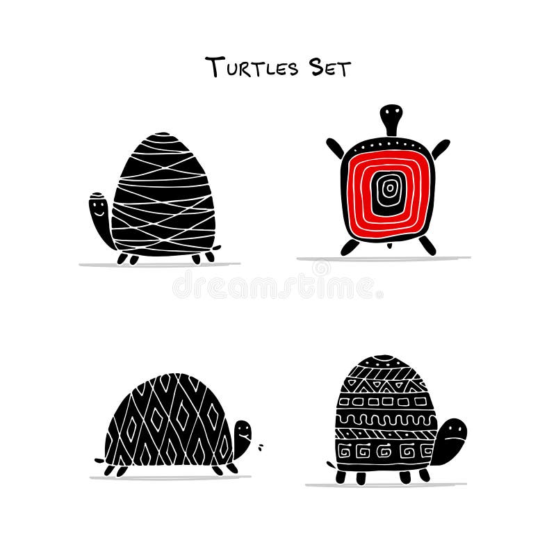 Funny Turtles Set, Sketch for Your Design Stock Vector - Illustration ...