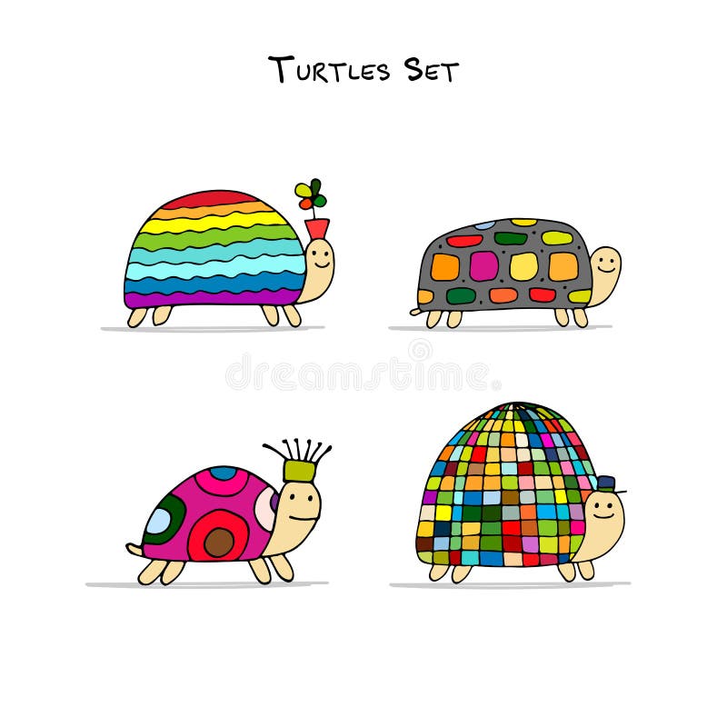 Funny Turtles Collection, Sketch for Your Design Stock Vector ...