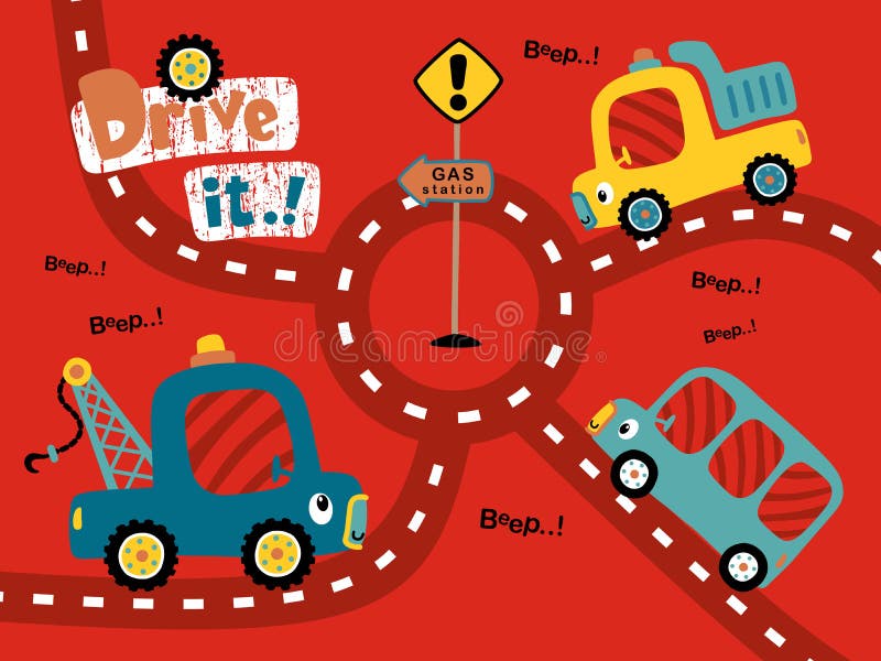 Funny Vehicles Cartoon on the Road, Traffic Element Cartoon Stock ...
