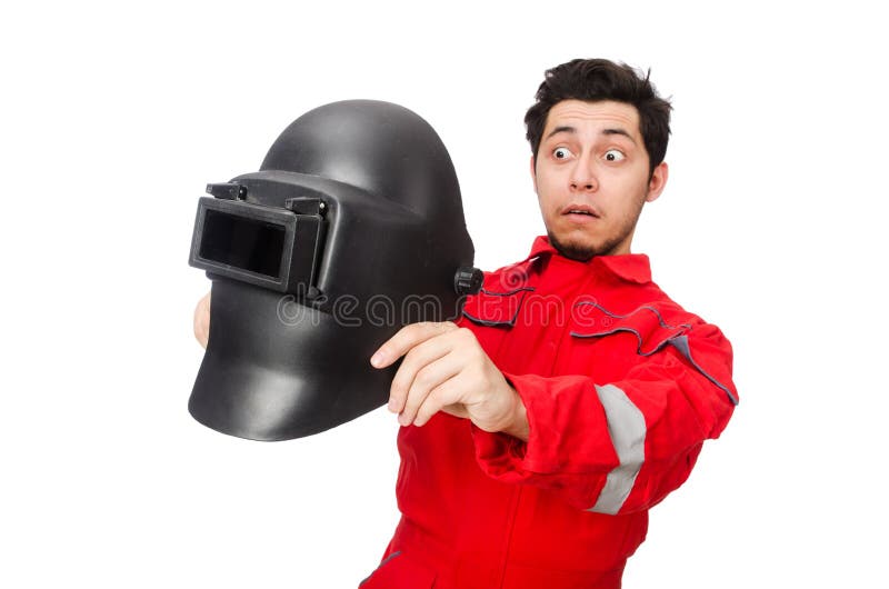 Funny Welder Isolated on White Stock Image - Image of helmet, humour ...