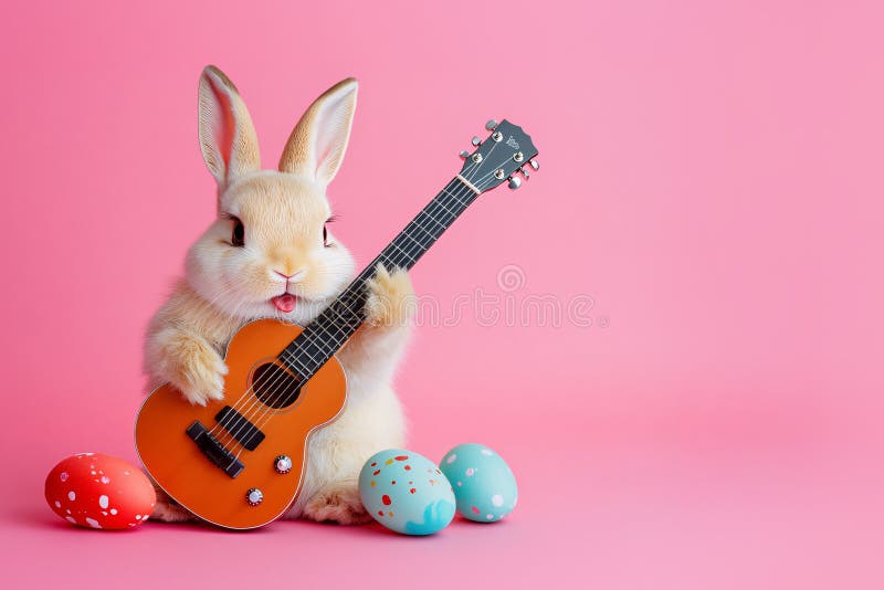 Funny White Easter Bunny Playing a Guitar Surrounded by Easter Eggs on ...