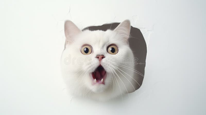 Funny White Fat Cat, Shout with Shocked Expression, Out from Cracked ...