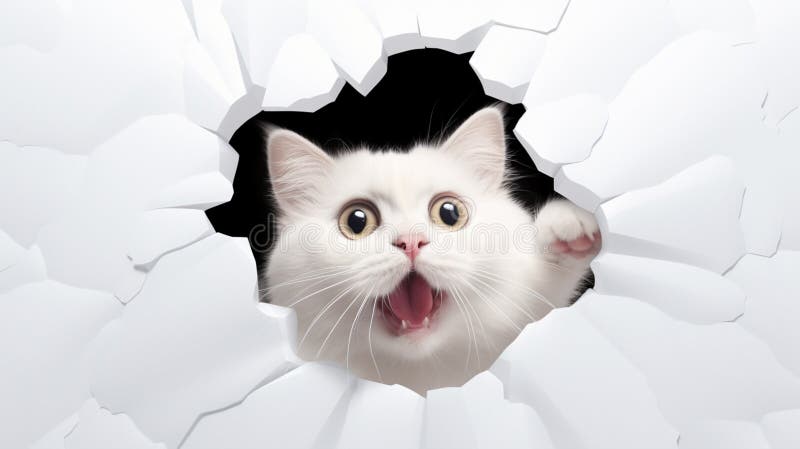 Funny White Fat Cat, Shout with Shocked Expression, Out from Cracked ...