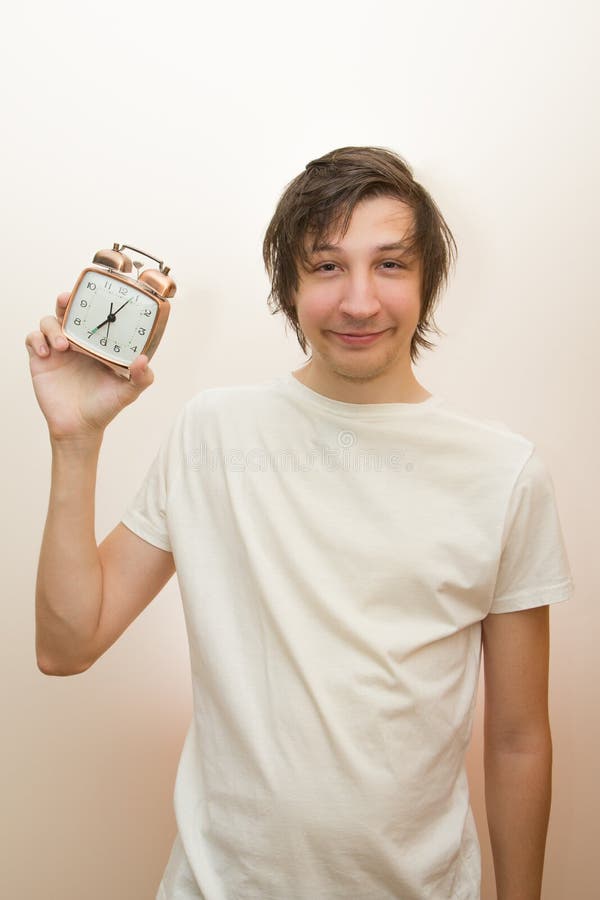 Funny White Man Hold Mechanical Alarm Clock Stock Photos - Free ...