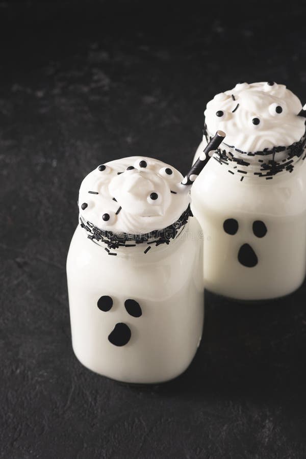 Funny White Milkshake Ghost Cocktail on Black Background, Halloween ...