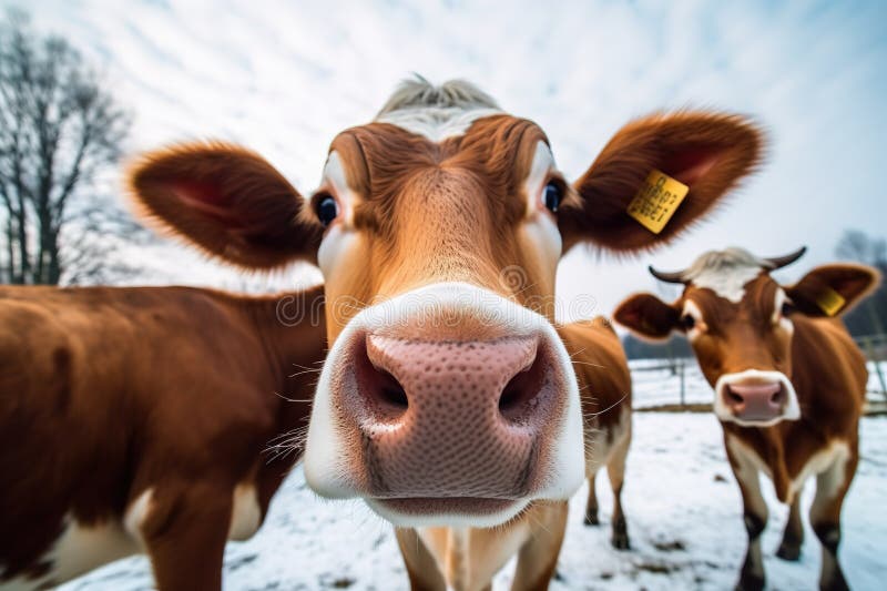 Funny Wide Angle Shot of Cow Face in the Farm in Winter Stock ...