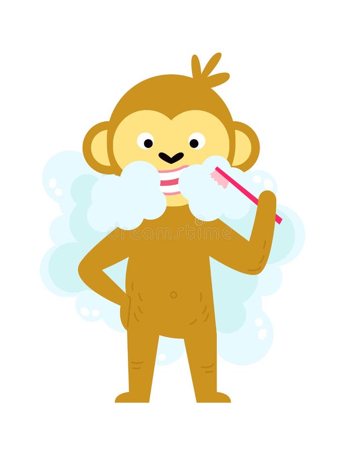 Funny Wild Animal Flat Icon Cute Monkey Brush Teeth Stock Vector ...
