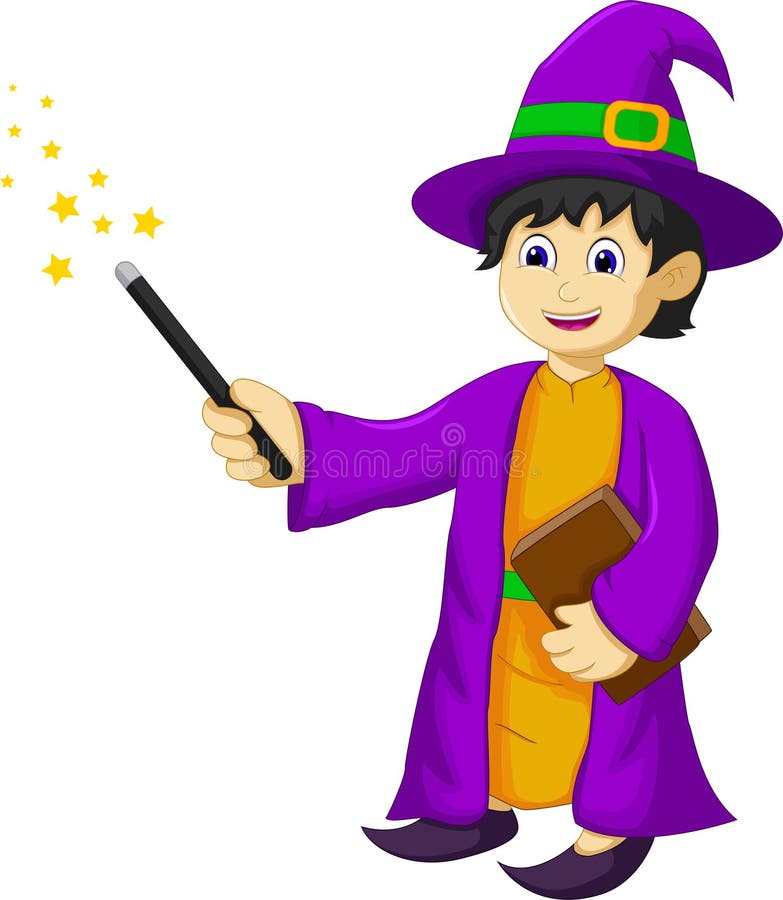 Funny Witch Cartoon Holding Book and Magic Stick Stock Illustration ...