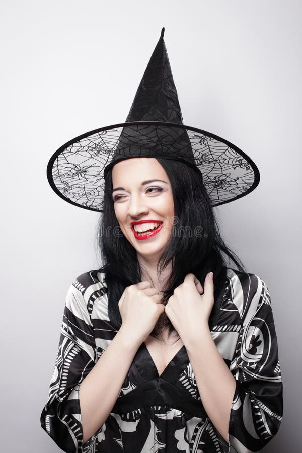 Funny Witch. Young Happy Woman with Canival Hat Stock Photo - Image of ...