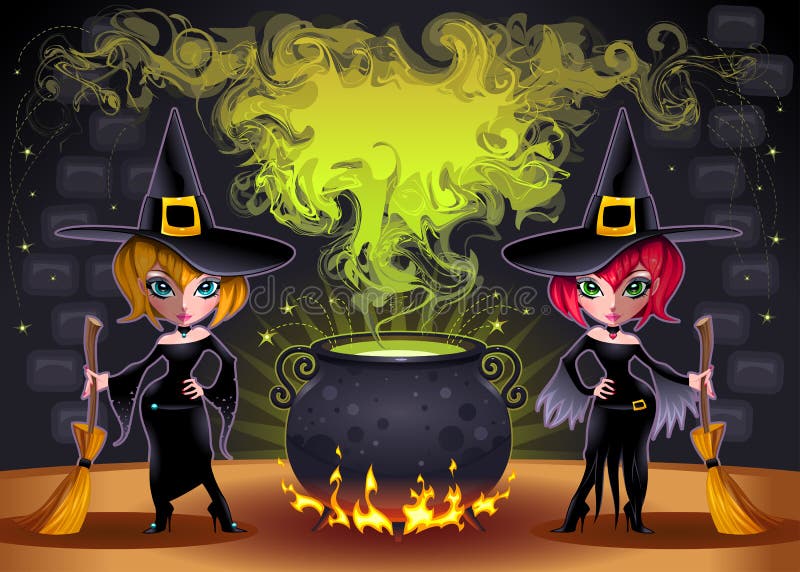 Funny witches with pot. stock vector. Illustration of twin - 26670190