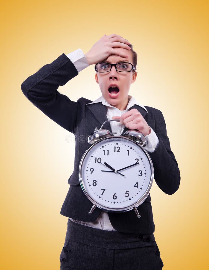 Woman with clock isolated stock photo. Image of cheerful - 12910032