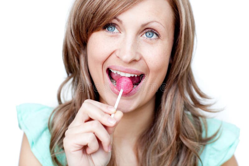Funny Woman Eating a Lollipop Stock Photo - Image of background, casual ...